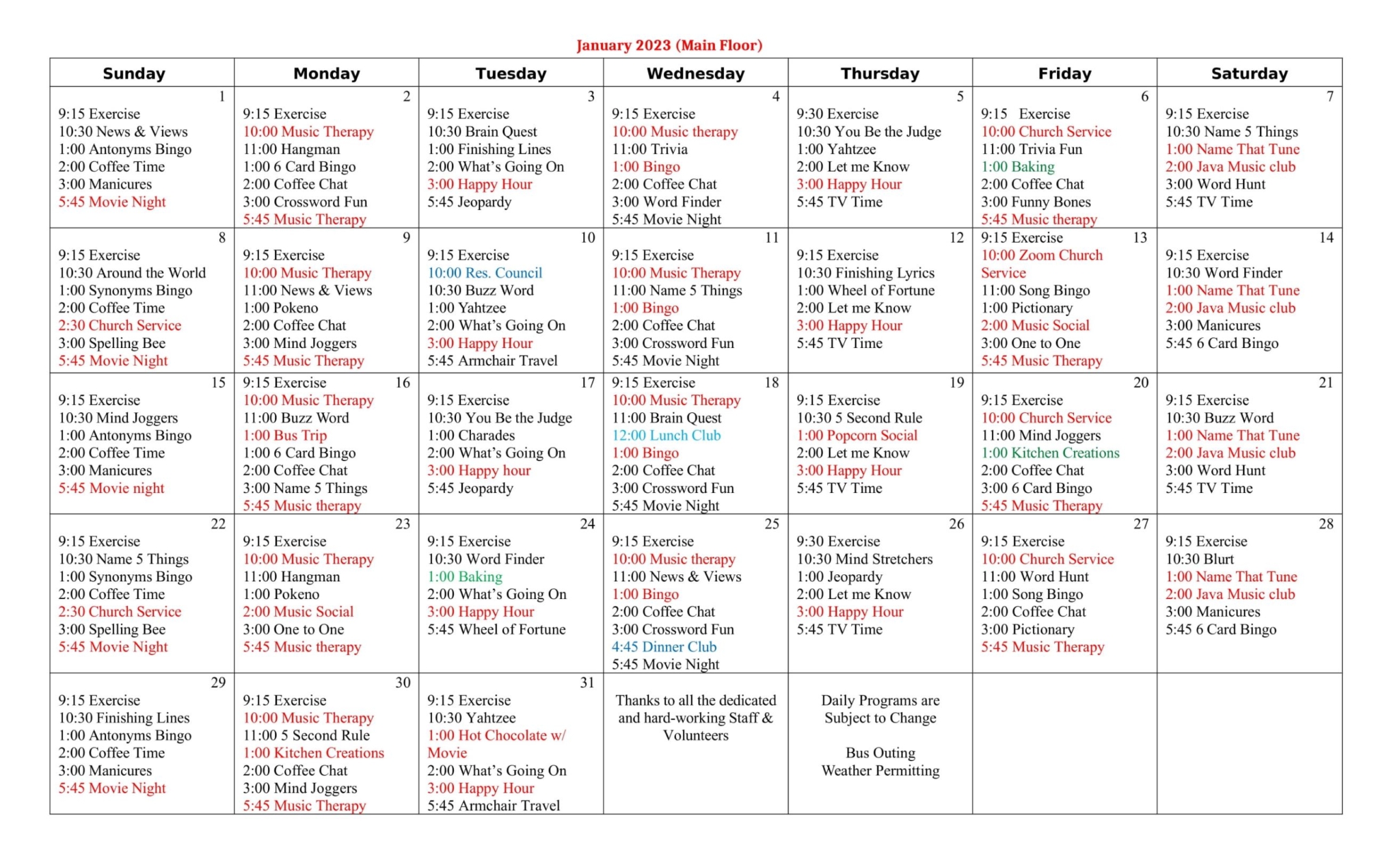 Activity Calendar: January 2023 - Kiwanis Care Centre