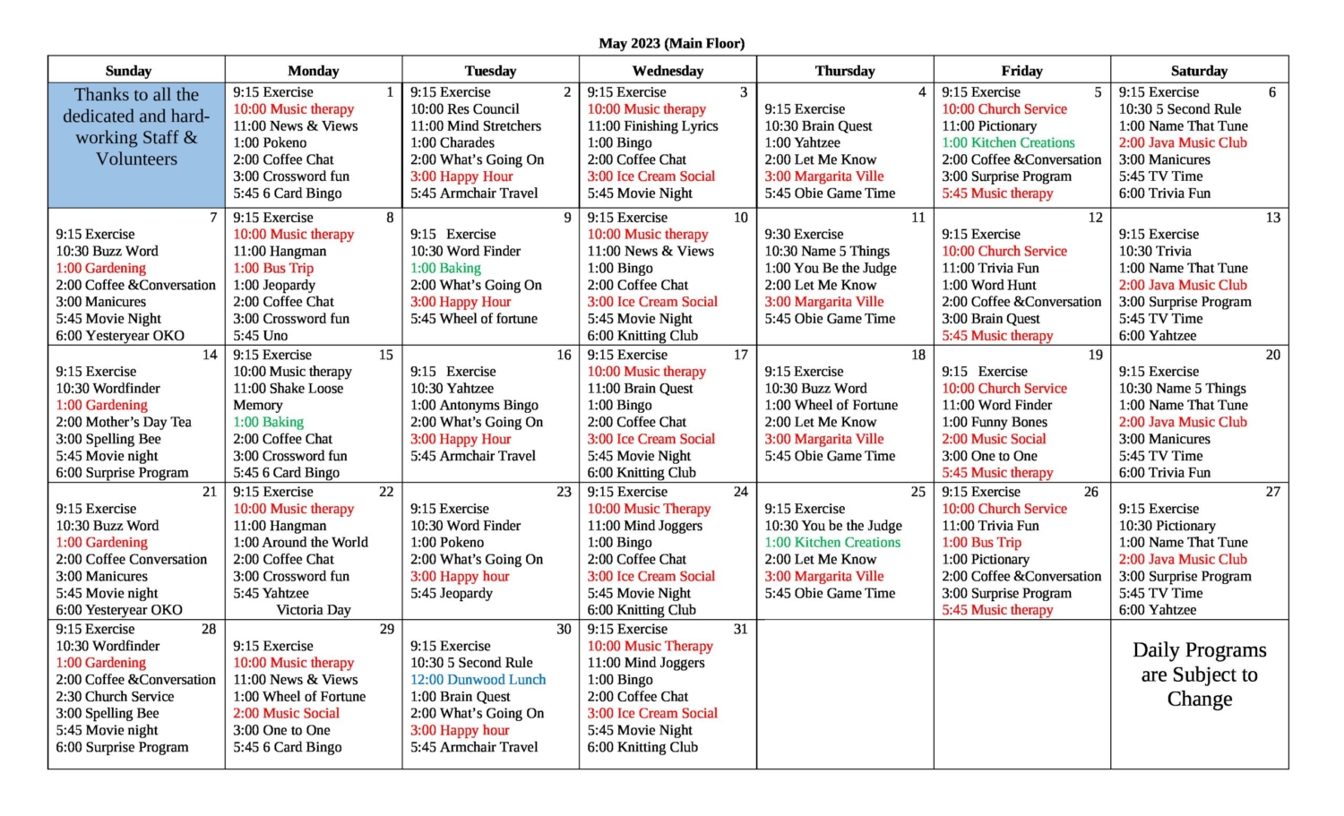 Activity Calendar: May 2023 - Kiwanis Care Centre