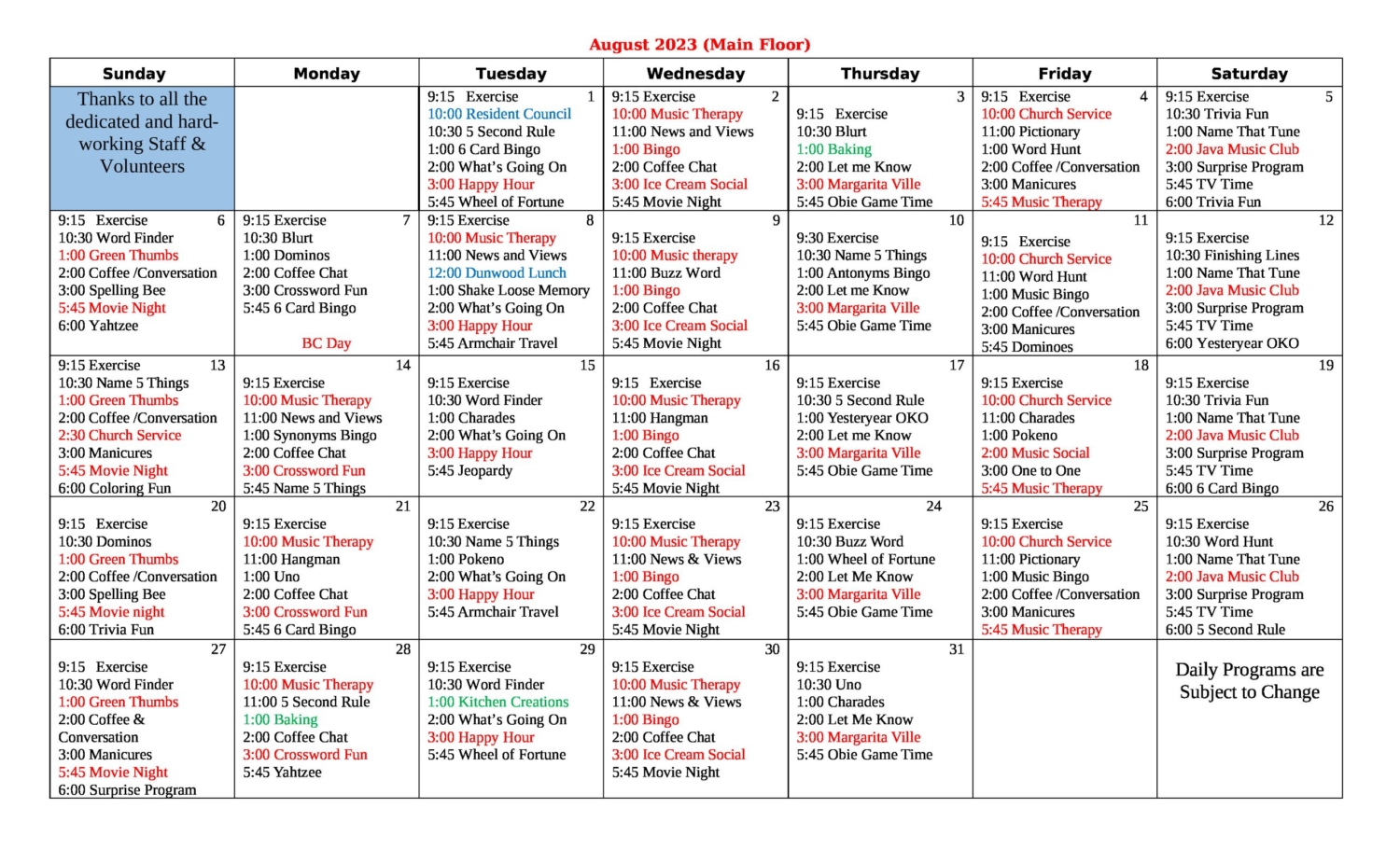 Activity Calendar: August 2023 - Kiwanis Care Centre